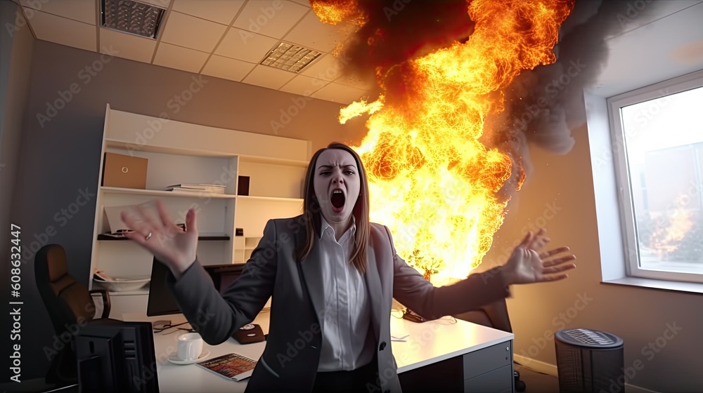 Scared woman running away from fire in office, screaming female office employee escaped from ...