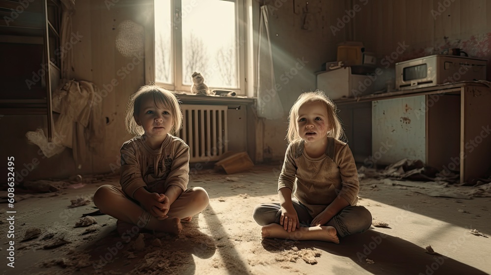 Crying sad children in dirty cluttered apartment, children from ...
