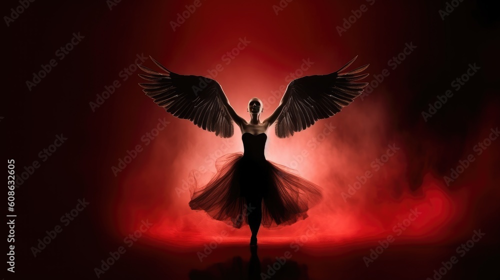 Female ballet dancer with black swan wings in black feathers tutu dress ...