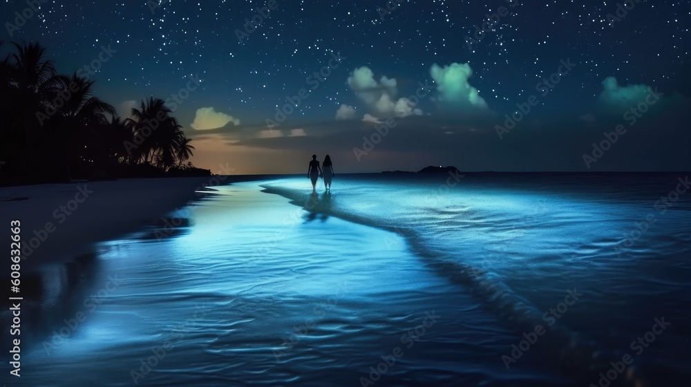 Couple Walking On The Beach At Night