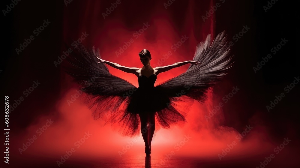 Female ballet dancer with black swan wings in black feathers tutu dress ...