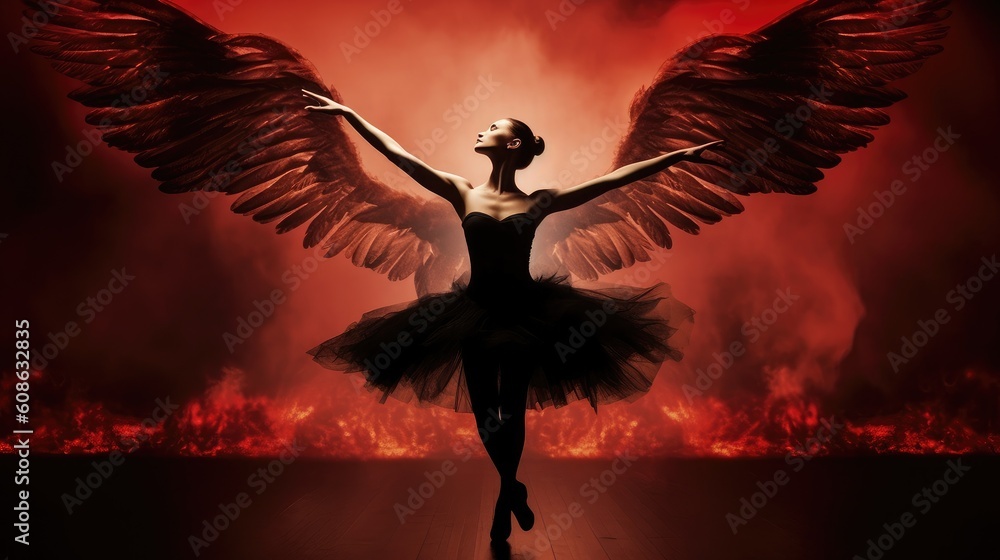 Female ballet dancer with black swan wings in black feathers tutu dress ...