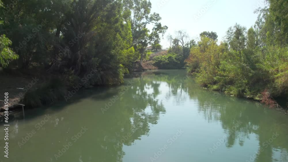 Drone shot flying over the Jordan River in Israel Jesus baptism bible ...