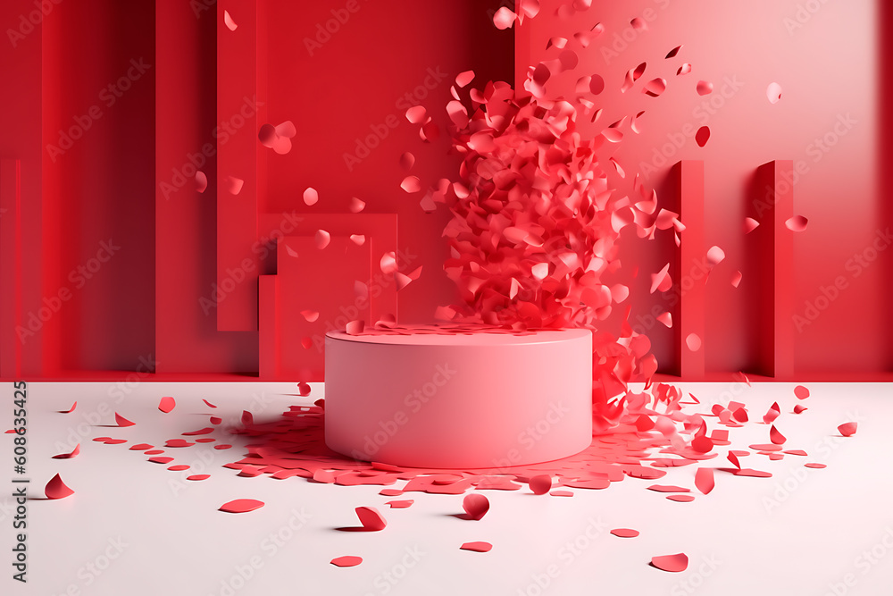 Podium with bright background: Red surprise of an open gift. AI ...