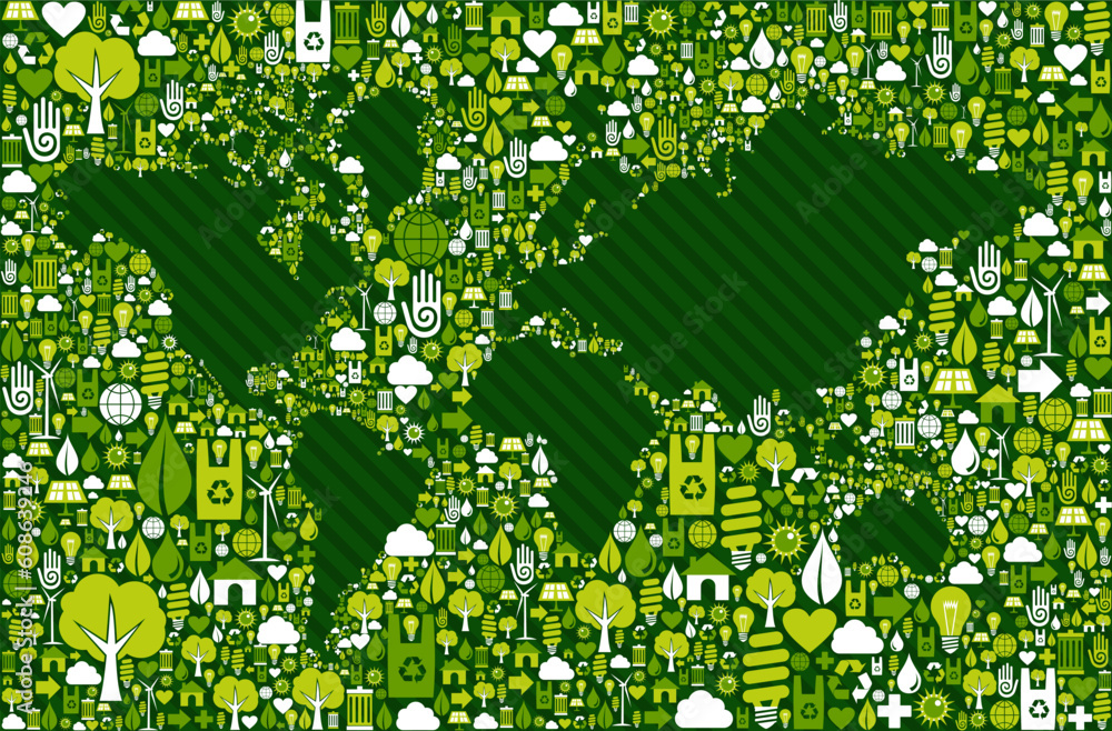 Green environment icon set around World map shape. Vector file layered ...