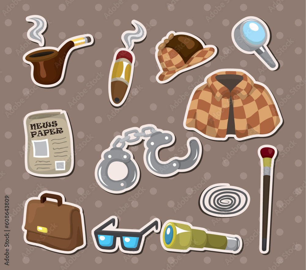 Cartoon detective equipment stickers Stock Vector | Adobe Stock