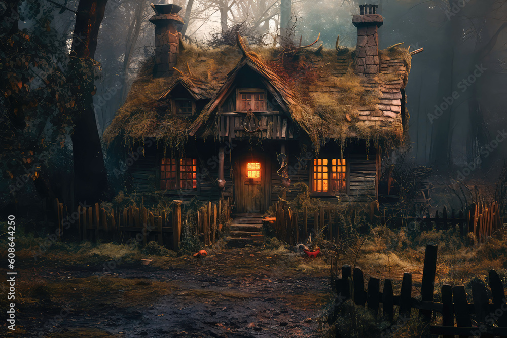 Beautiful and atmospheric illustration with spooky witch house. Night ...