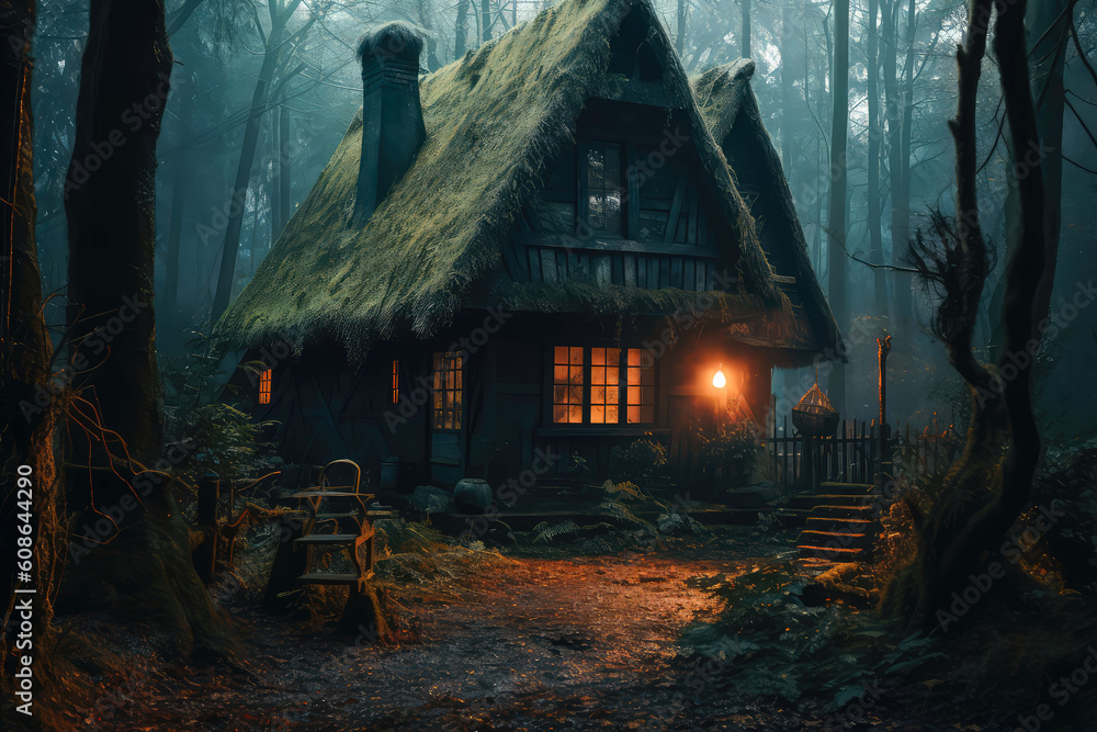Beautiful and atmospheric illustration with spooky witch house. Night ...