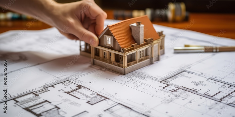 Architect rolls and architectural plan, technical project drawing ...