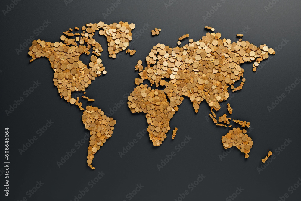 world map made of coins, world economy concept, gold Coins world map on ...