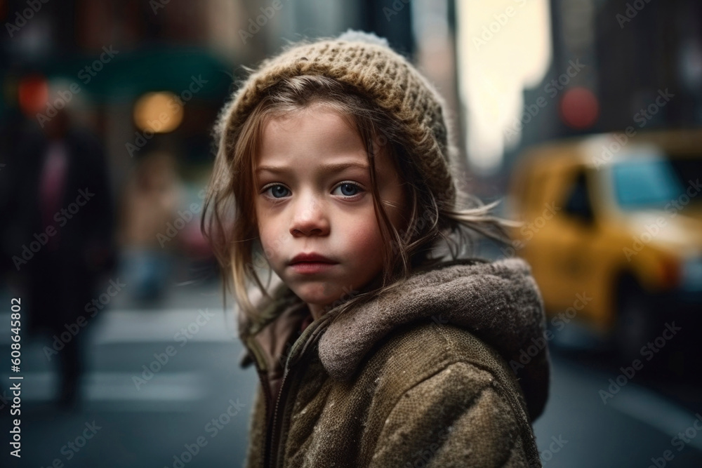 AI generated portrait of candid authentic fright homeless little girl ...