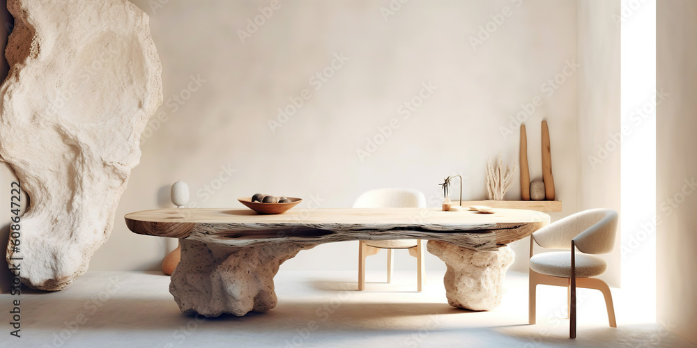Rustic table made from solid natural aged wood slab on stones rubbles ...