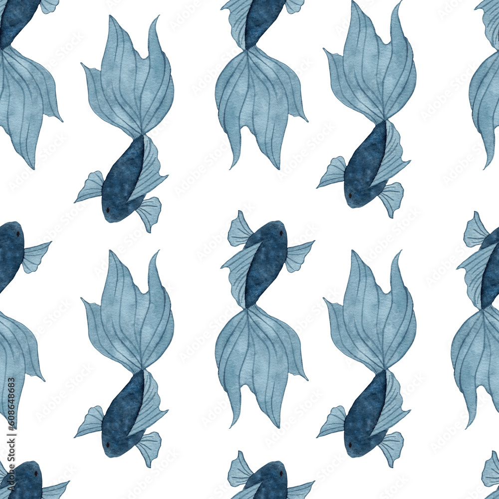 Seamless pattern of sea blue fish. Simple, stylized style. Hand drawn ...