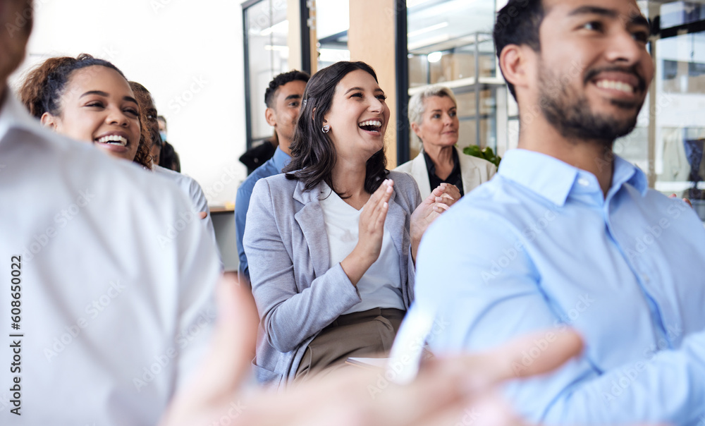 Business people, clapping and audience at a conference, seminar or ...