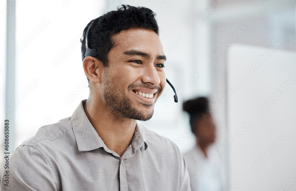 Businessman, call center and smile with headphones in customer service ...