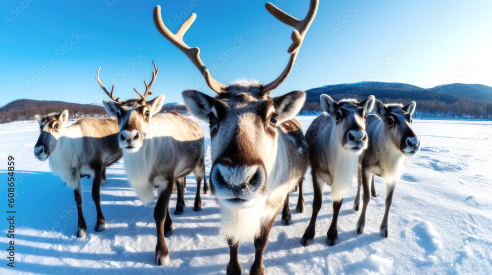 A herd of reindeer traverse a snowy field under a crisp blue winter sky ...