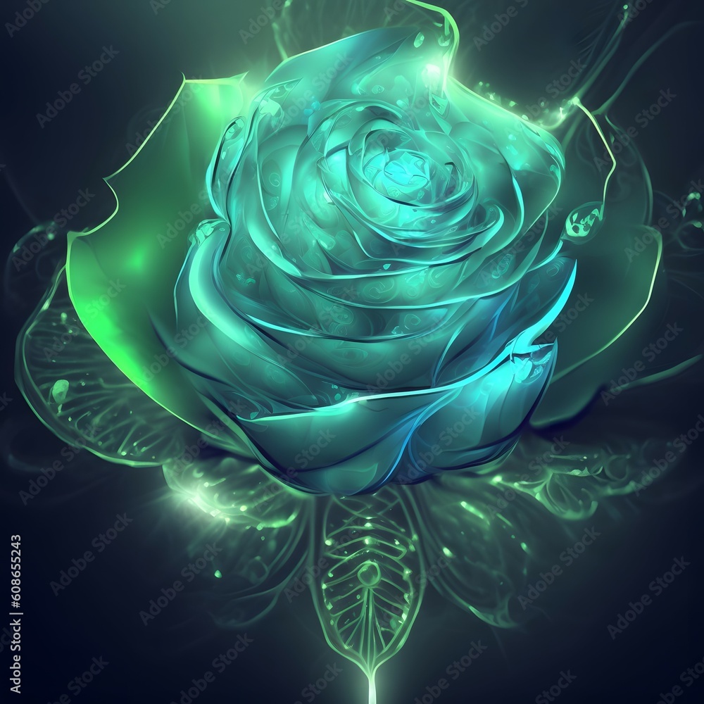 holy light, beautiful spectral light green rose, petal ling blue light ...