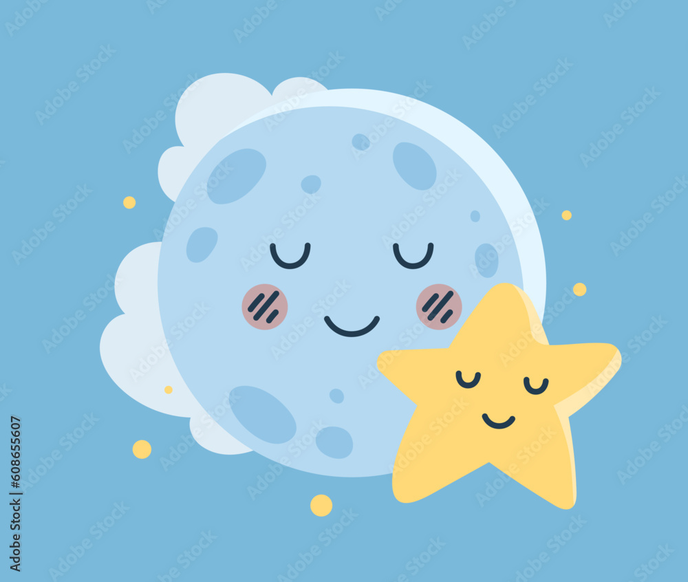 Cute moon with star concept. Night time day and sky. Friendly and happy ...