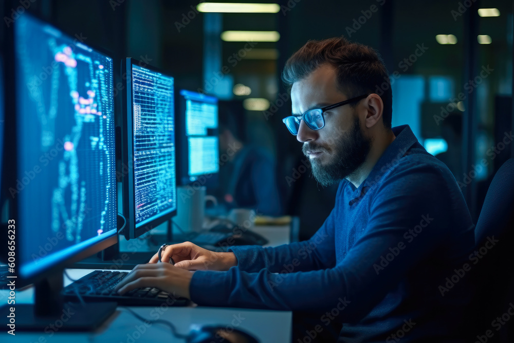 Programmer sitting in front of two large computer monitors with lines ...