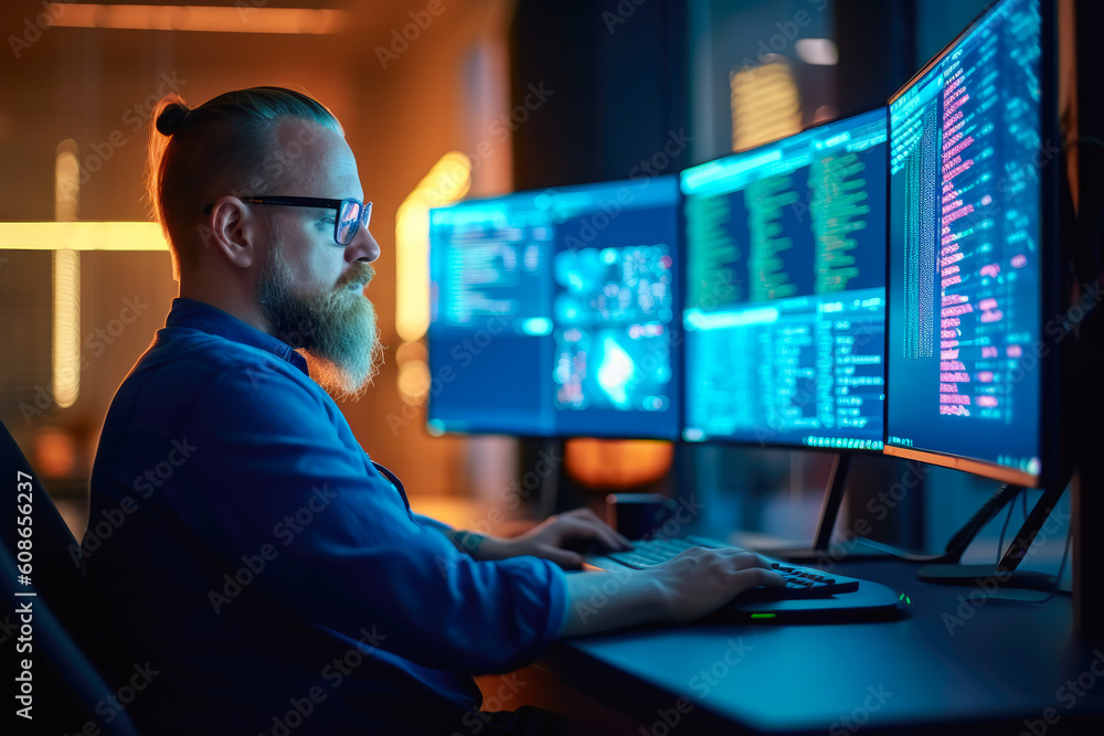Programmer Sitting In Front Of Two Large Computer Monitors With Lines Of Code In A Dimly Lit
