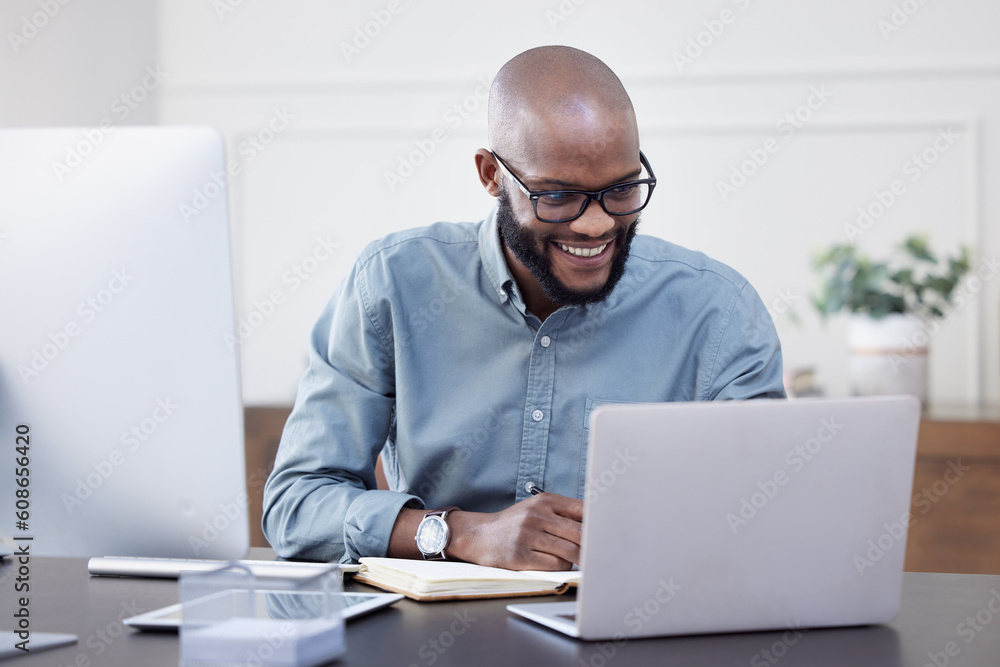 Laptop, writer and black man with notebook, smile and working on ...