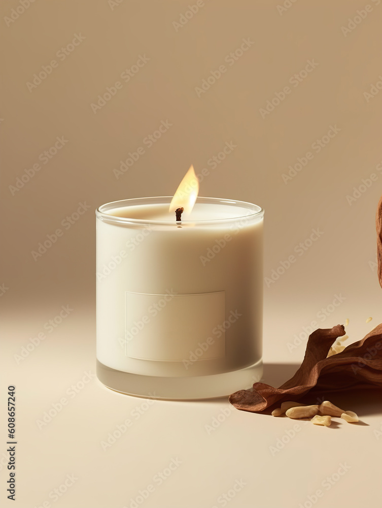 Burning candle mockup, front view of glass candle jar on studio ...