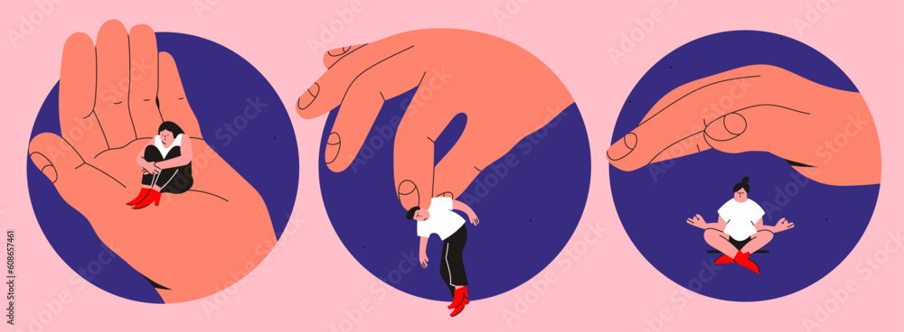 Set of big hands and small people. Giant hand holding and covering tiny ...