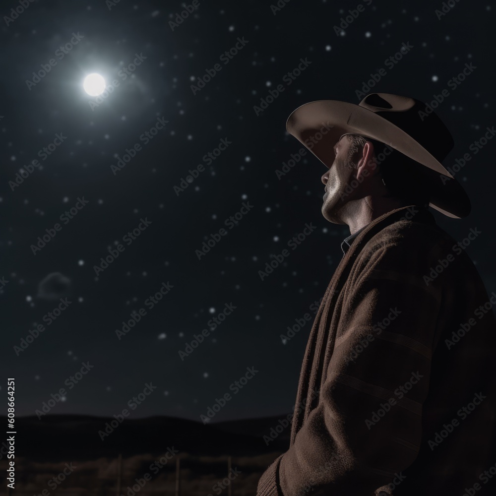 ภาพประกอบสต็อก Cowboy star gazing at night sky with full moon, created ...