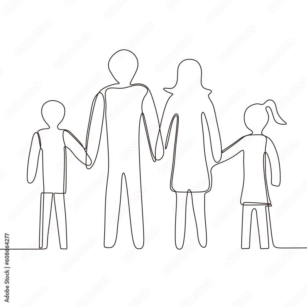 Happy Family Continuous Line Drawing. Peoples Silhouette Black Sketch ...