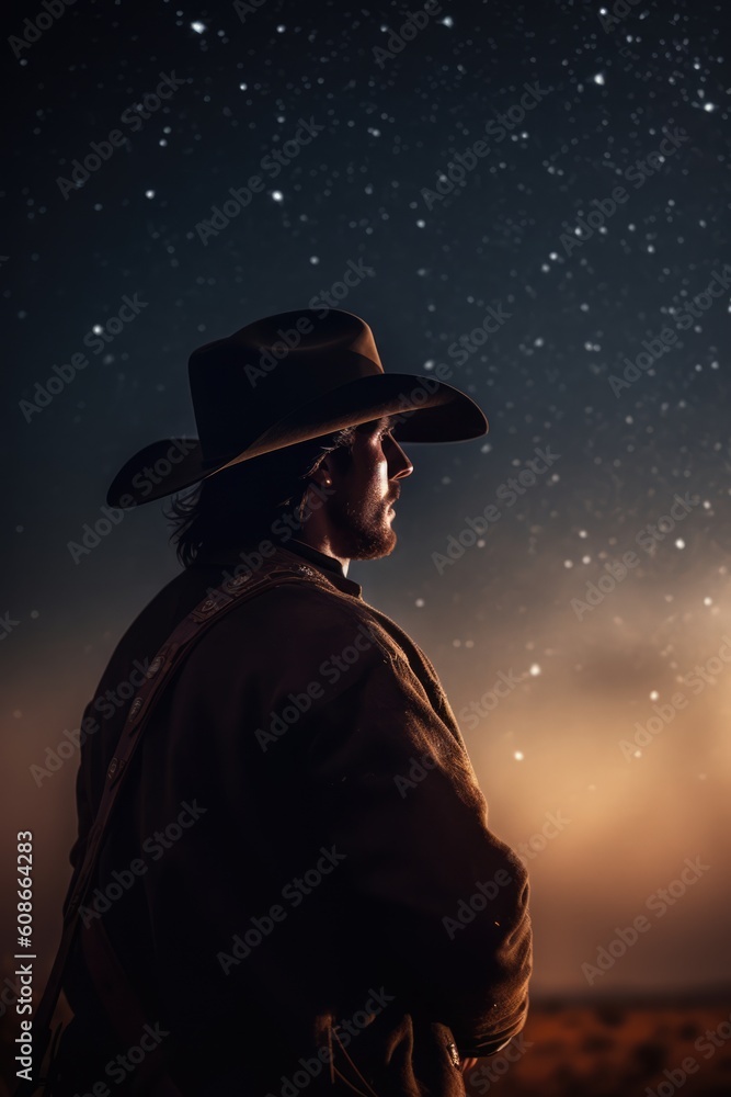 Cowboy star gazing at night sky with full moon, created using ...
