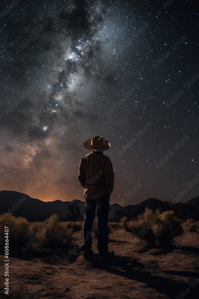 Cowboy star gazing at night sky with full moon, created using ...