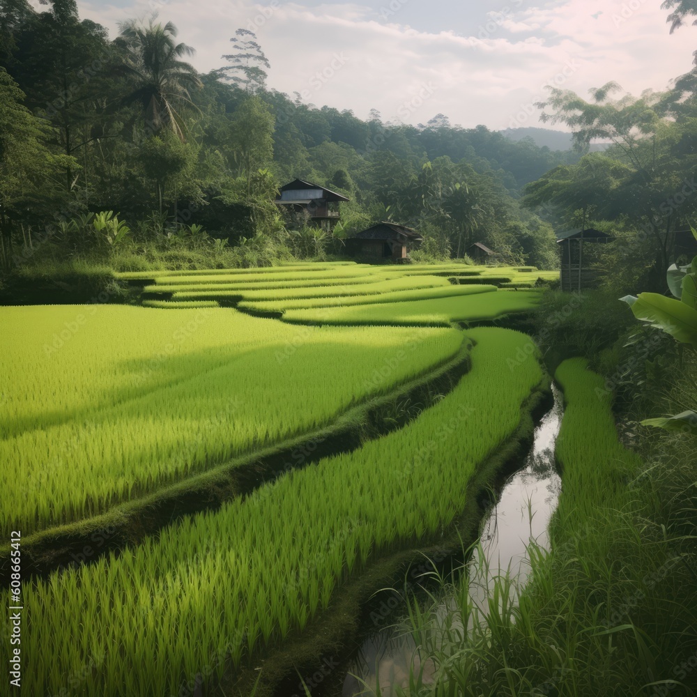General view of rice field with houses, created using generative ai technology Stock ...