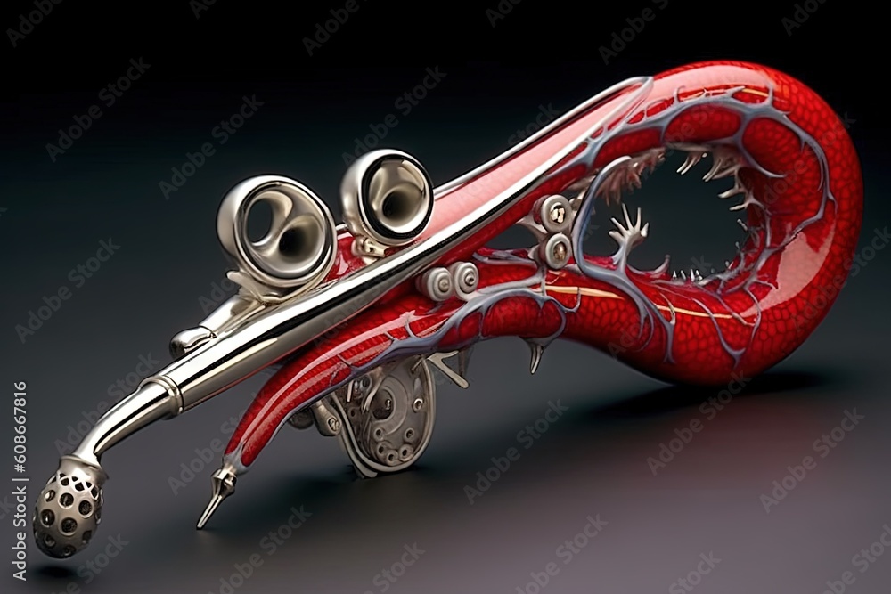 Alien trumpet - like instrument with vibrant red tentacle - like ...
