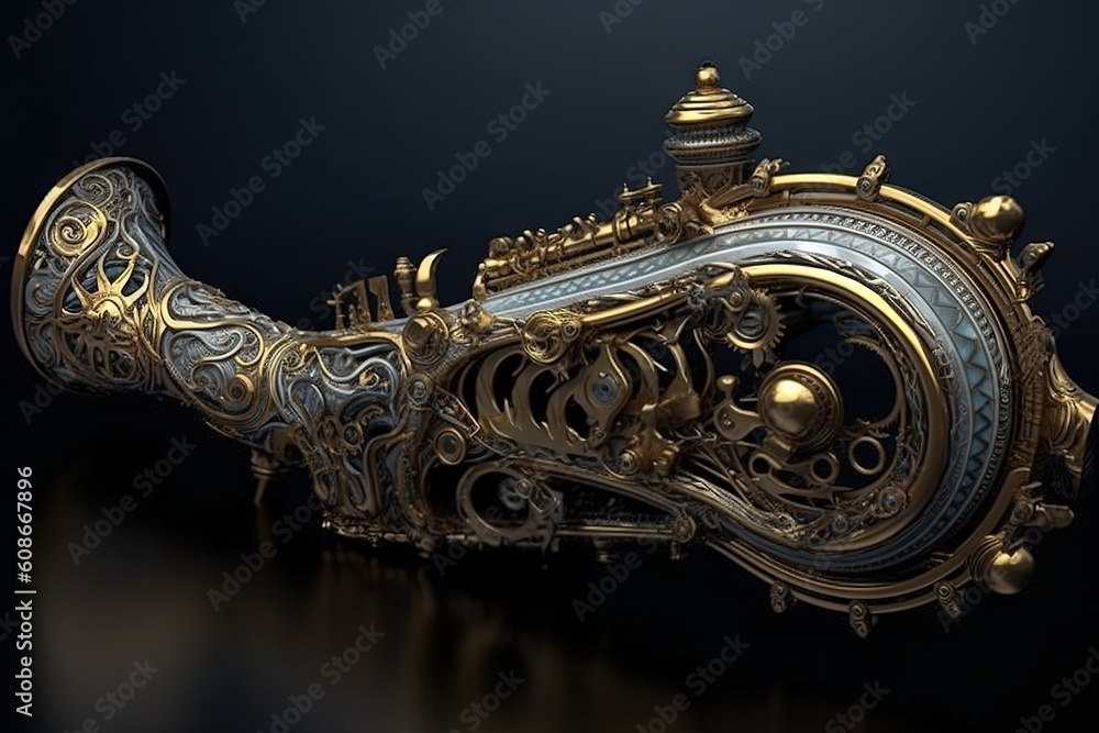 Alien Biomechanical saxophone, its metallic body adorned with intricate ...