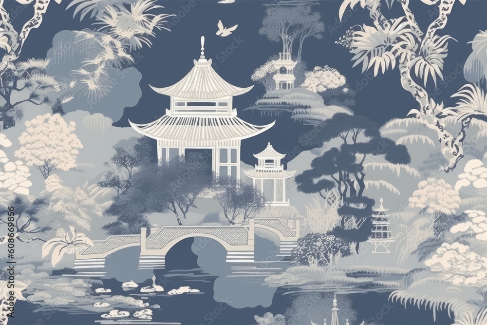 Repeatable pattern of chinoiserie on beige background, created using generative ai technology ...