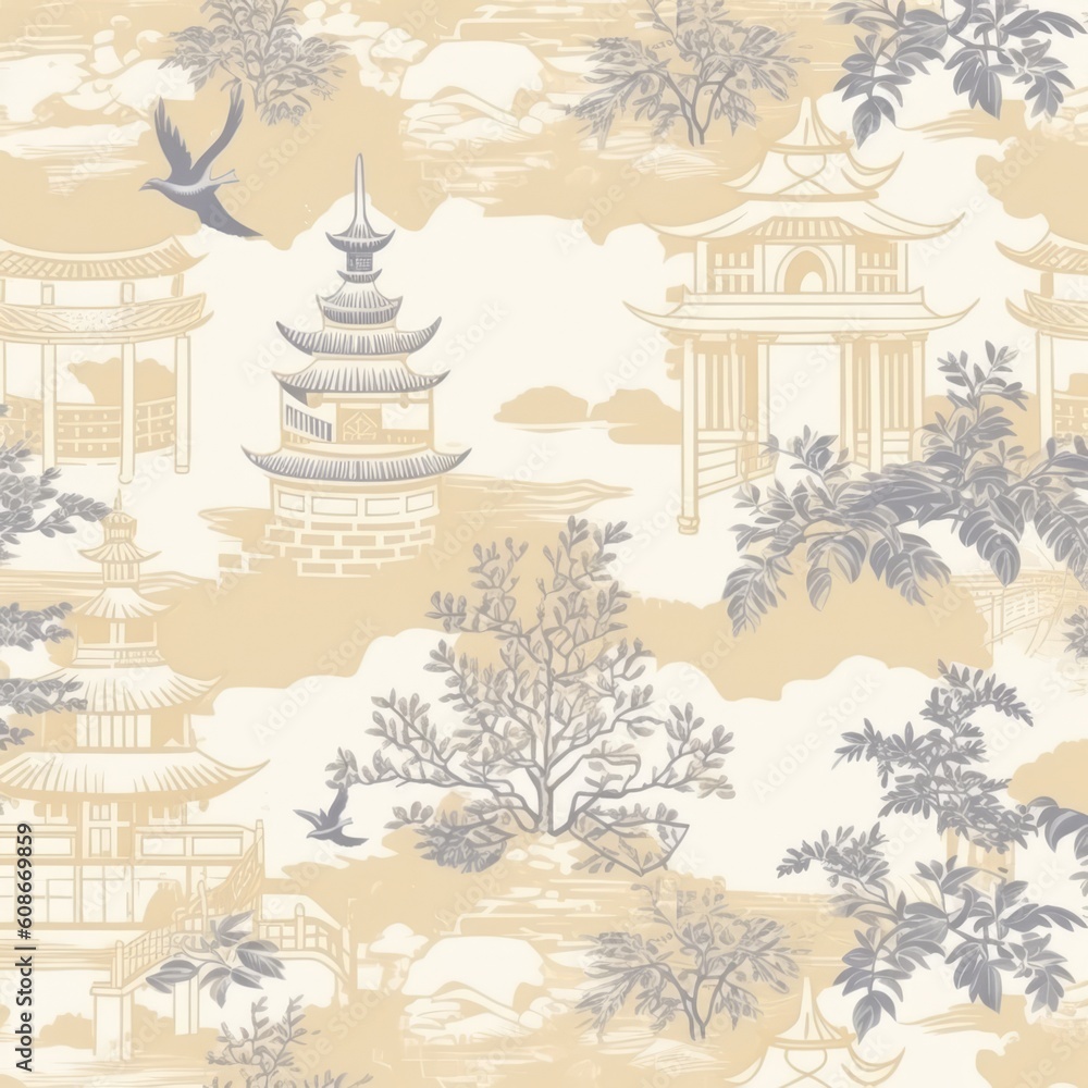 Repeatable pattern of chinoiserie on purple background, created using generative ai technology ...