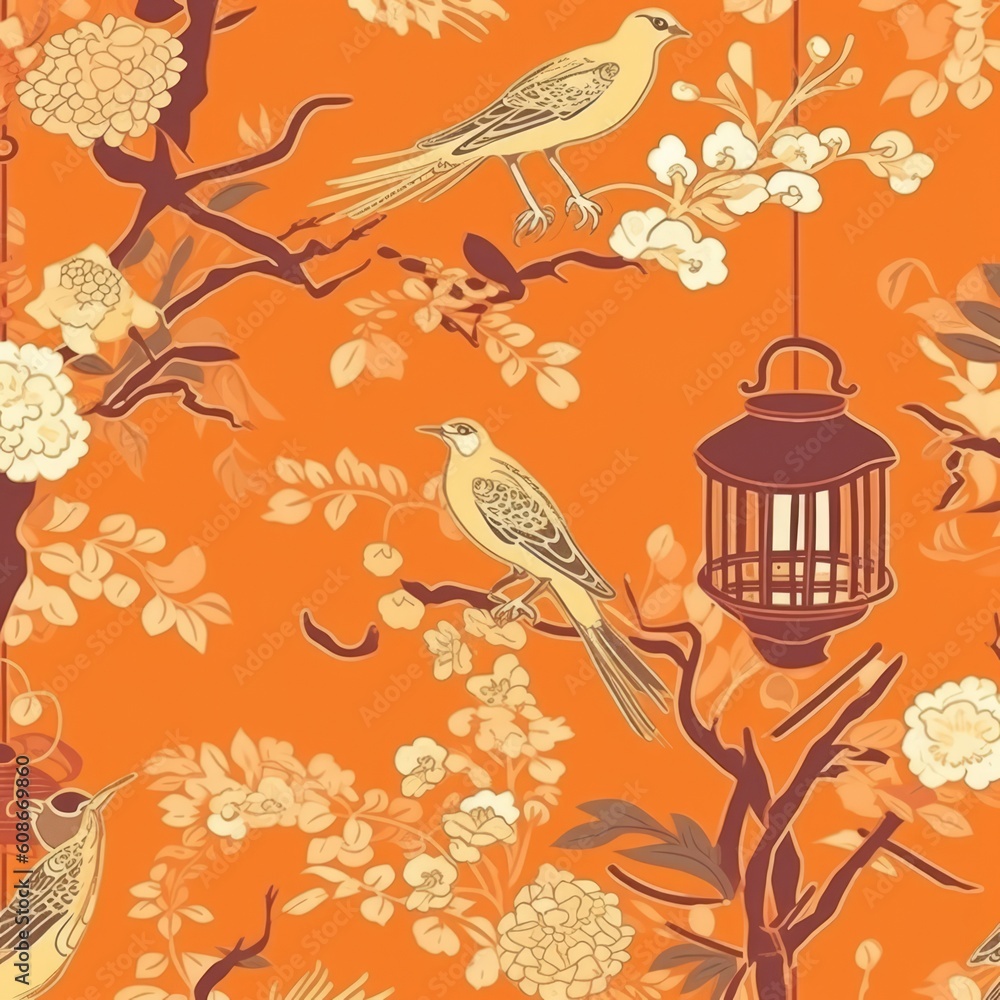 Repeatable pattern of chinoiserie on orange background, created using generative ai technology ...