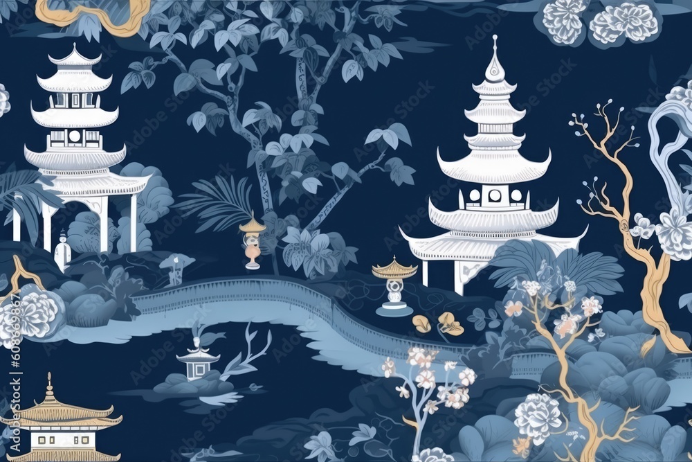 Repeatable pattern of chinoiserie on blue background, created using generative ai technology ...