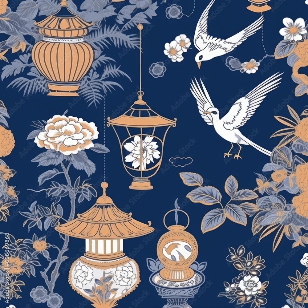 Repeatable pattern of chinoiserie on purple background, created using generative ai technology ...