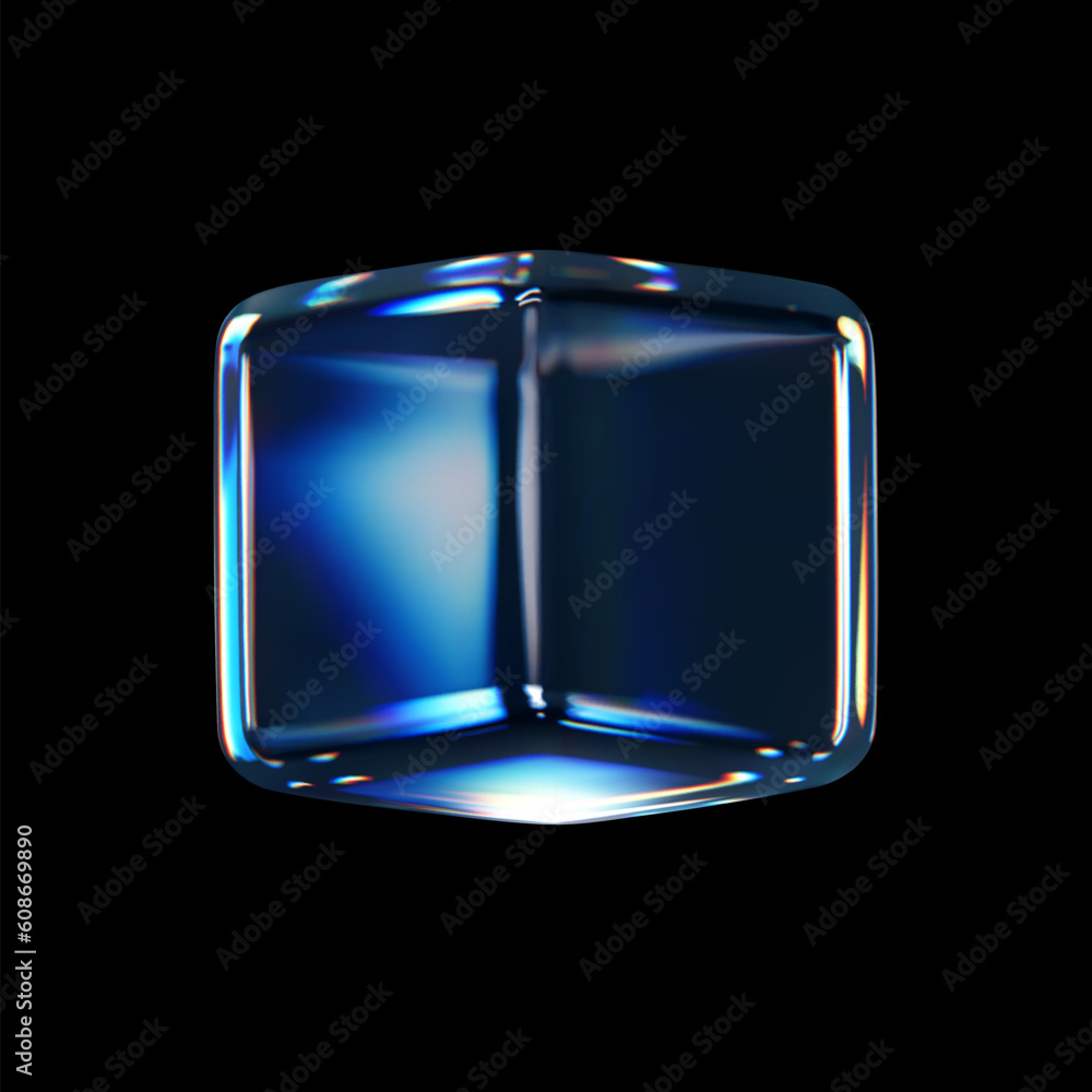 3d crystal glass cube with refraction and holographic effect isolated ...