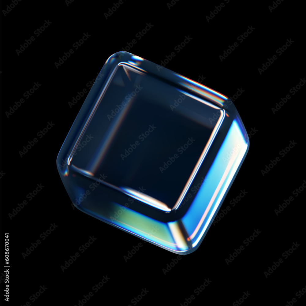 3d crystal glass cube with refraction and holographic effect isolated ...