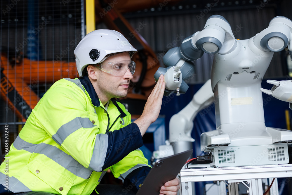 man engineer using teblet control robot arm automate. robotic ...