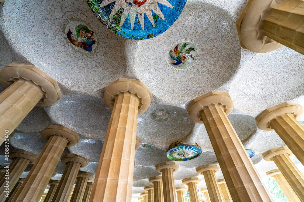 Hypostyle Hall of Gaudí's Park Güell in the city of Barcelona, columns ...