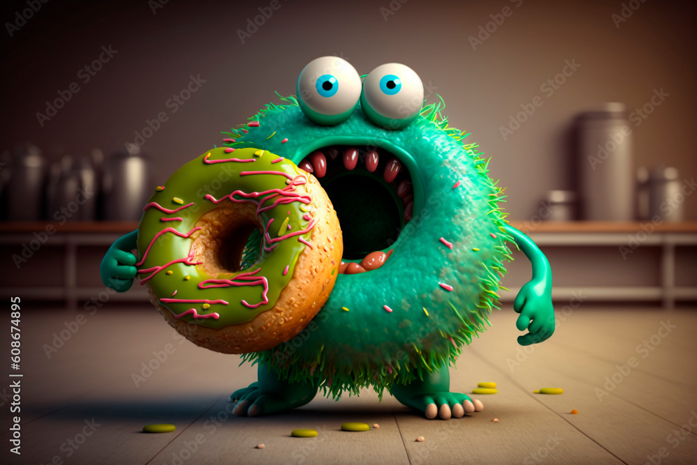 Funny creature eats a donut. Generative AI. Cute green round monster ...