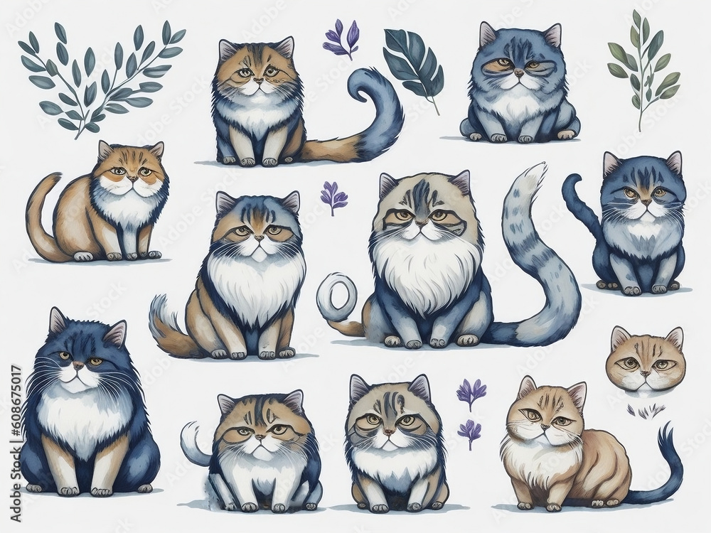Set of Cute Cat clipart watercolor elements on white background ...