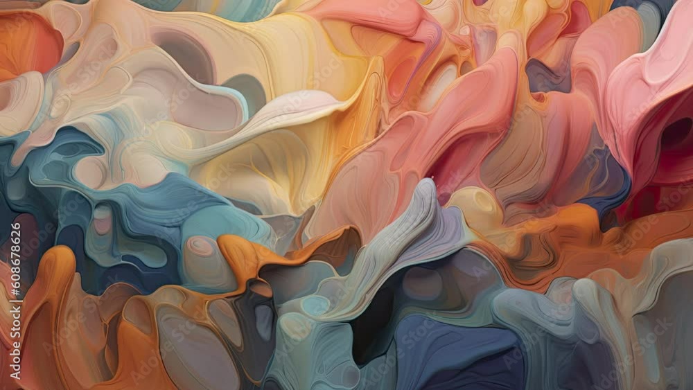Abstract psychedelic pastel liquid material flow, motion video background, thick layers of paint ...