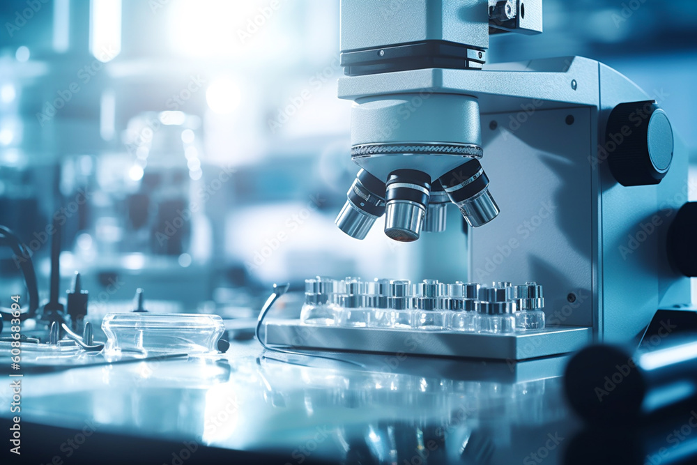 Scientific optical microscope with metal lens at laboratory. Laboratory ...