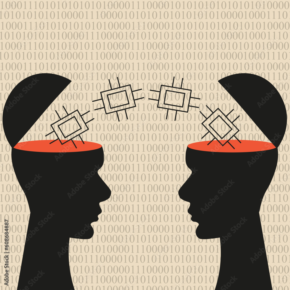 Human Head Silhouette with open brain against binary code background with microchip between them ...