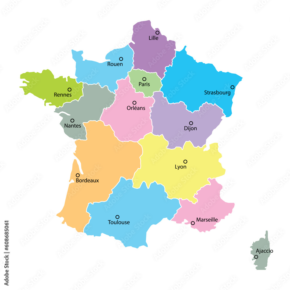 France map background with regions and region names in color. France ...
