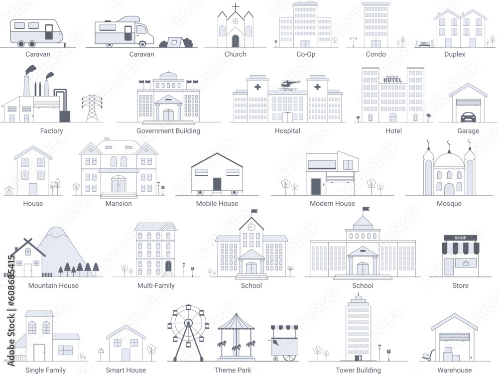 Vetor de Modern common buildings and vehicles, grayscale vector ...